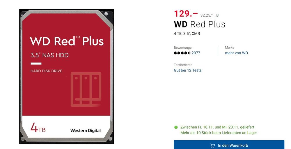WD RED PLUS 4TB NAS HDD WD40EFRX CMR (Gebraucht) in Hirzel für CHF 49 ...