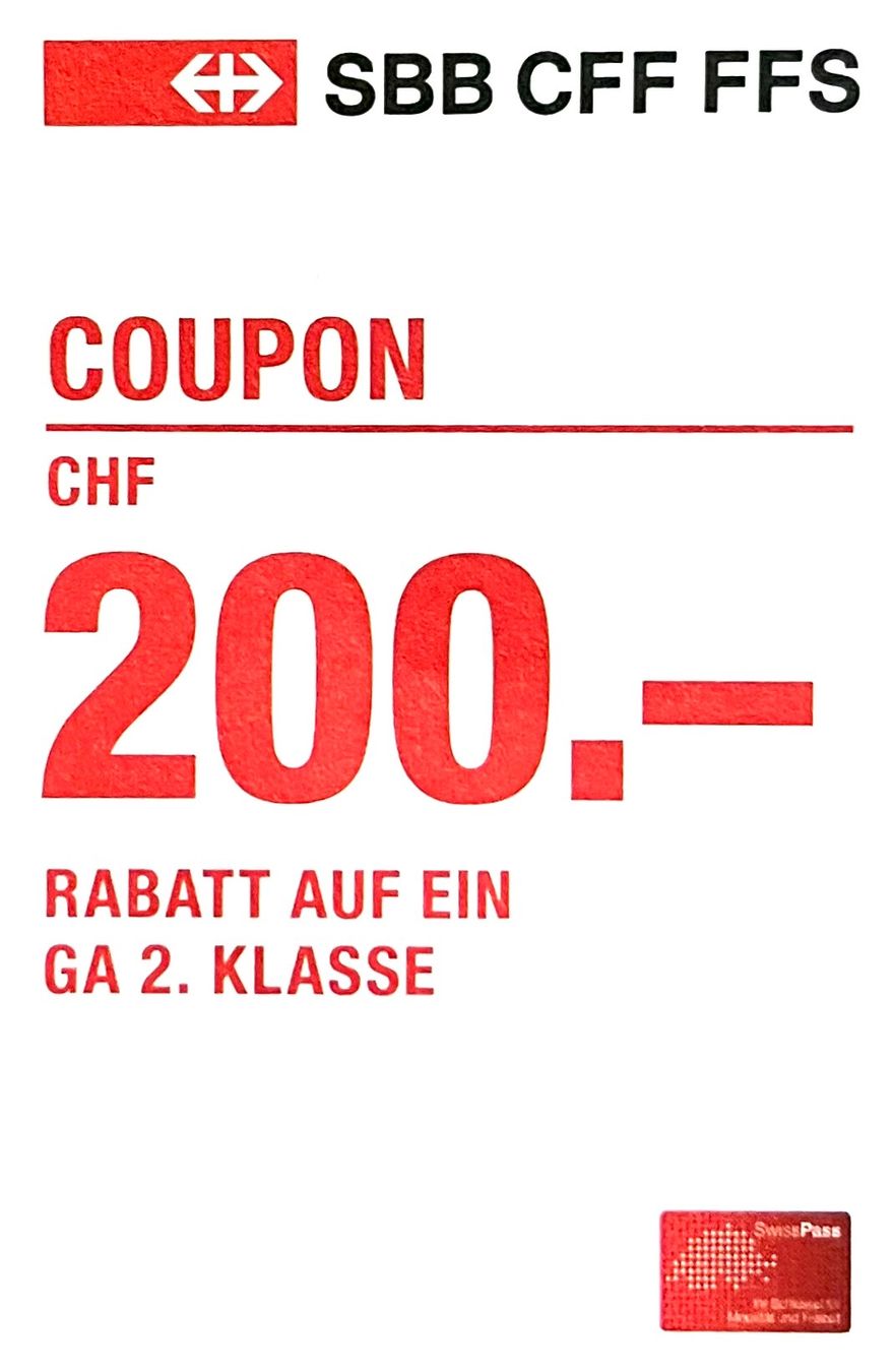 30. Sept) GA 2. Klasse Gutschein 200 Fr. Rabatt (Neu (gemäss Beschreibung)) in Zürich für CHF 0. ...