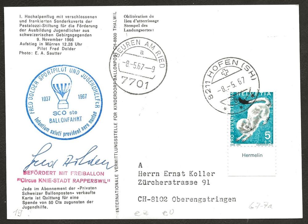 Ballon Schweiz 1967 HOFEN BEUREN Luftpost Rapperswil Knie (Gebraucht) in Au ZH für CHF 9 – mit ...