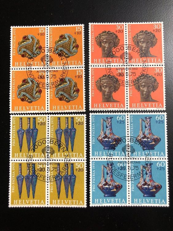 4 blocs de 4 oblitérés Pro Patria 1975 (Gebraucht) in Charmey (Gruyère) für CHF 1.5 – mit ...