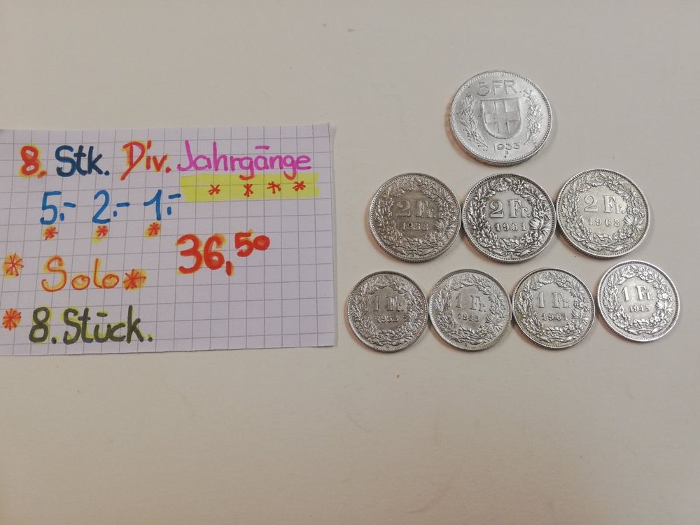 Schweizer Silbermünzen 8Stk.div. Jahrgänge 5 Fr./ 2 Fr./1Fr. (Gebraucht) in Engi für CHF 35.5 ...