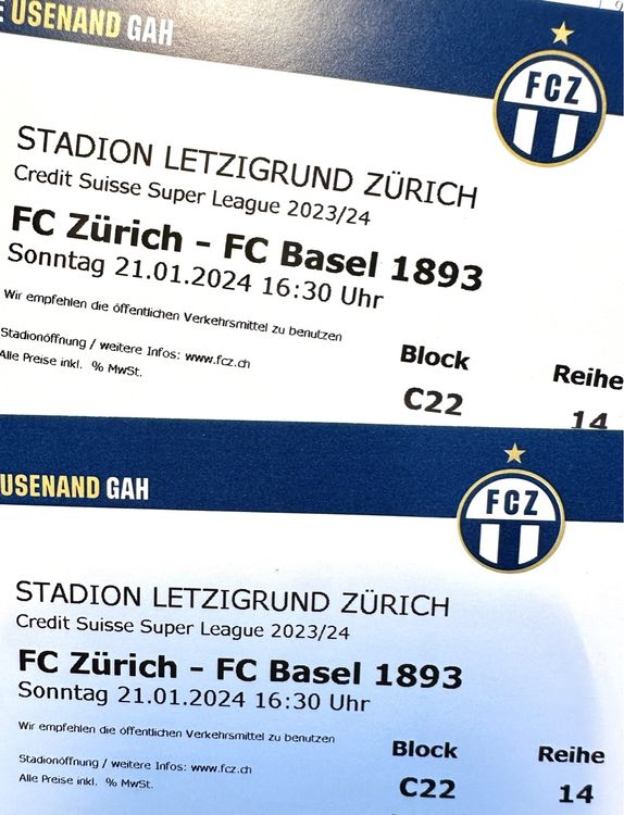 Tickets FCZ-Basel (Neu und originalverpackt) in Zürich für CHF 100 ...