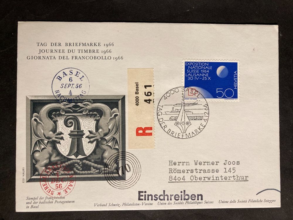 Schweiz 1966 R-Brief Tag der Briefmarke Basel (Gebraucht) in Liestal für CHF 5 – mit Lieferung ...