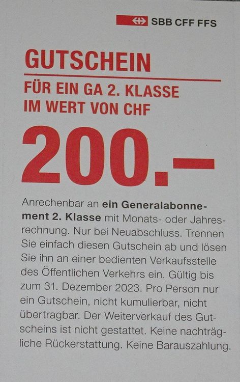 SBB Gutschein GA 2. Klasse im Wert von CHF 200.-- bis 12.23 | Kaufen auf Ricardo