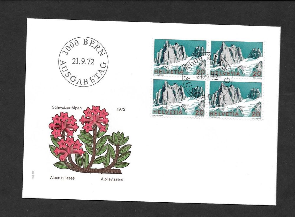 FDC Nr. 516 Viererblock Spannörter ET Bern 21.9.1972 (Neu (gemäss Beschreibung)) in Olten für ...