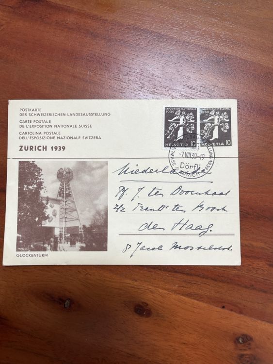Postkarte Zürich Landesausstellung 1939 Glockenturm (Gebraucht) in Mägenwil für CHF 1 – mit ...