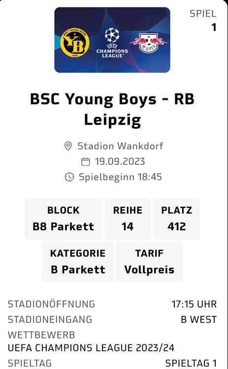 2 Tickets YB vs RB Leipzig Champions League Sektor B | Kaufen auf Ricardo