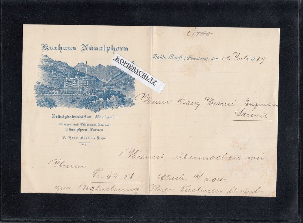 OW FLÜHLI RANFT, 1909, KURHAUS NÜNALPHORN, LITHO BRIEFKOPF | Kaufen auf Ricardo