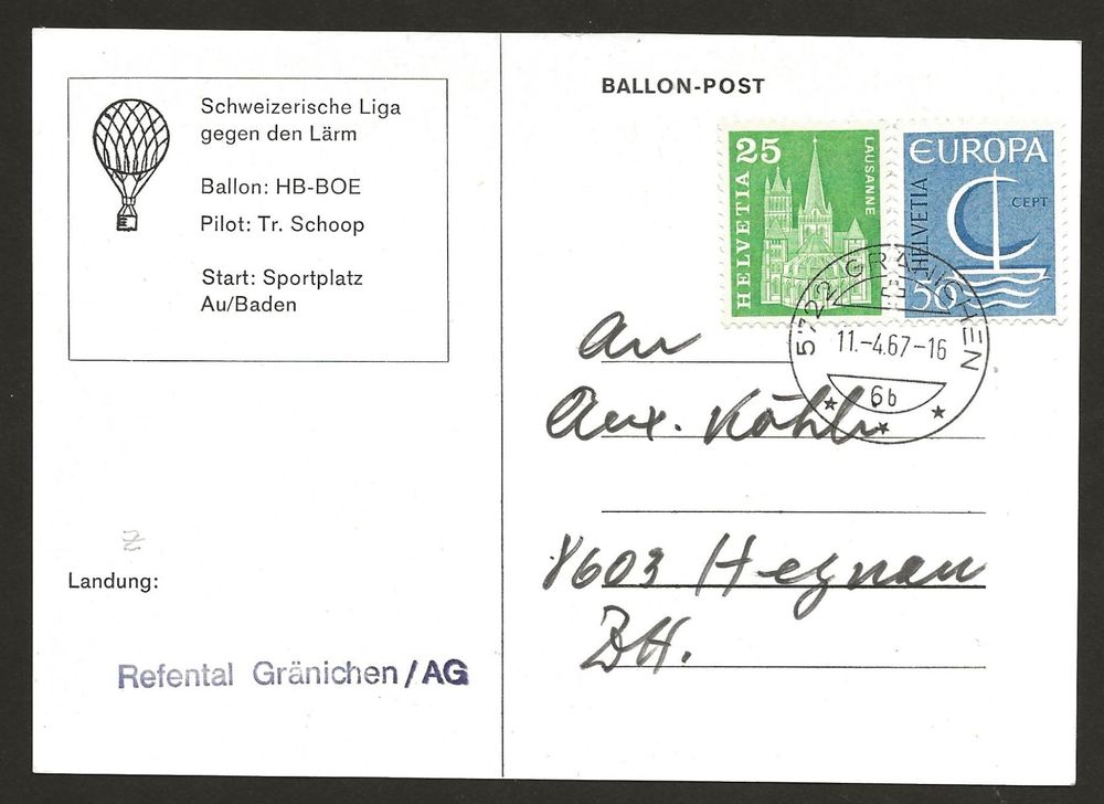 Ballon Flugpost Schweiz 1967 Baden Gränichen Luftpost (Gebraucht) in Au ZH für CHF 0.5 – mit ...