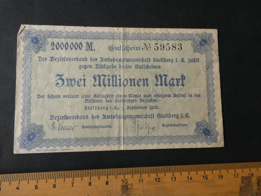 Dt. Reich, Stollberg, 2 Millionen Mark, Notgeldschein (Gebraucht) in ...