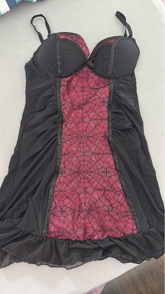 Schwarzes Negligee mit pinker Spitze, NEU (Neu (gemäss Beschreibung ...