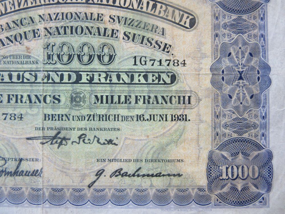 SCHWEIZ BANKNOTEN 1000 CHF 16 JUNI 1931 | Kaufen auf Ricardo