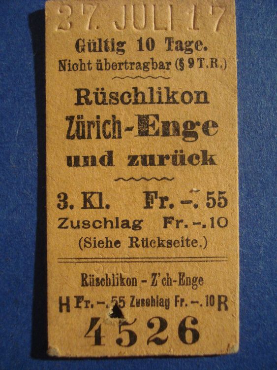 SBB - 27.7.1917 !! - RÜSCHLIKON - ZÜRICH-ENGE - 3.Klasse (Gebraucht) in Biel/Bienne für CHF 14 ...