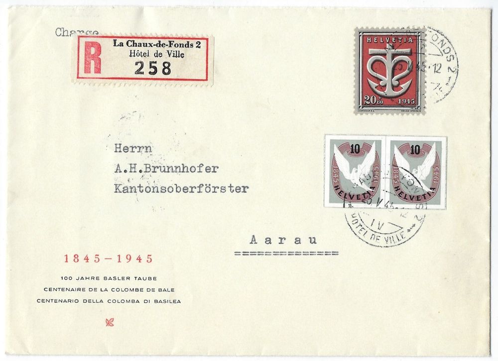 1945 R-Brief mit Sonderausgaben W20 und 2x W22 Basler Taube (Gebraucht) in Morgarten für CHF 8 ...