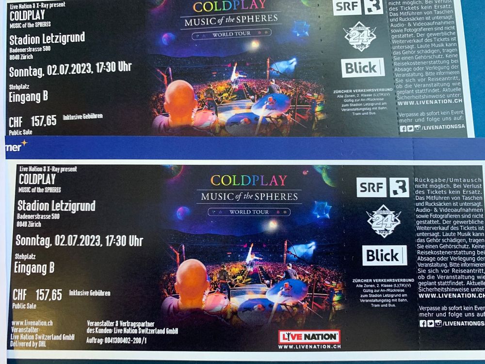 Coldplay Tickets Zürich, 2.7.2023, 2x Stehplätze à Fr. 325.- | Acheter ...