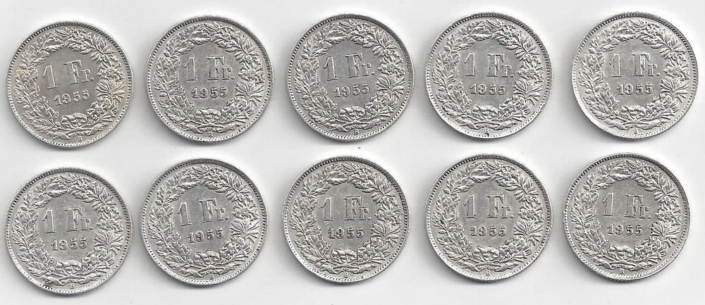 10 Schweizer Silber 1 Franken-Münzen alle von 1955 (Gebraucht) in Zürich für CHF 167 – mit ...