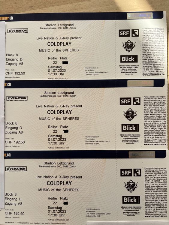 Coldplay Tickets 01.07. 3 Sitzplätze nebeneinander Block 8 (Neu und originalverpackt) in Full ...