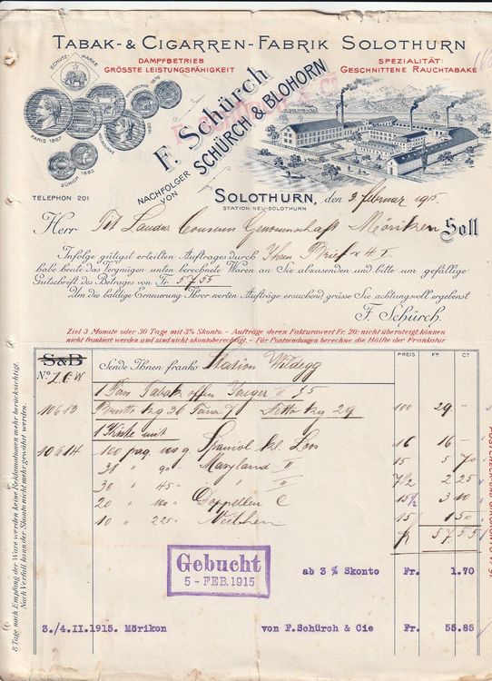 Briefkopf Litho F Schürch Solothurn 1915 | Kaufen auf Ricardo