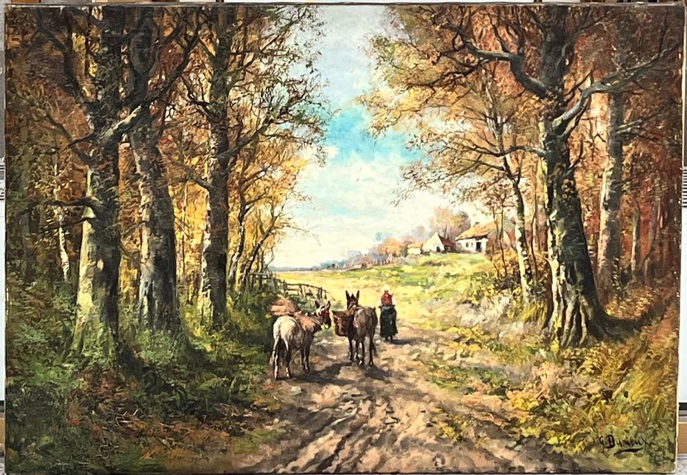 Antike Grosse Gemälde von Waldweg mit Eseln,Sig: G. Durieux | Kaufen auf Ricardo