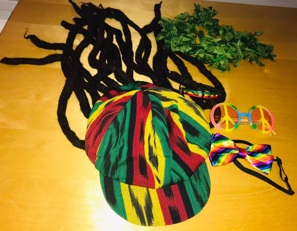 Bob Marley Outfit: Kappe mit Dreadlocks Armband, Brille (Gebraucht) in ...