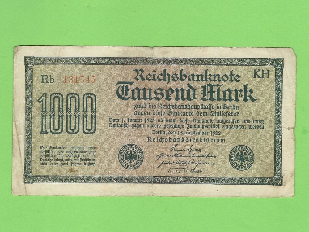 Historische Reichsbanknote 1000 Mark, Berlin 1922! | Kaufen auf Ricardo