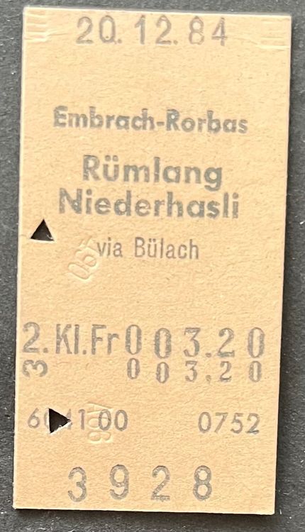 Embrach-Rorbas Rümlang Niederhasli via Bülach/ Billett 1984 (Gebraucht) in Wabern für CHF 2 ...
