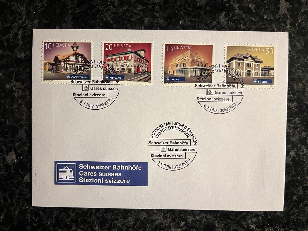 FDC Schweizer Bahnhöfe aus Viererblock Zähnung mit Haftpunkt (Neu (gemäss Beschreibung)) in ...