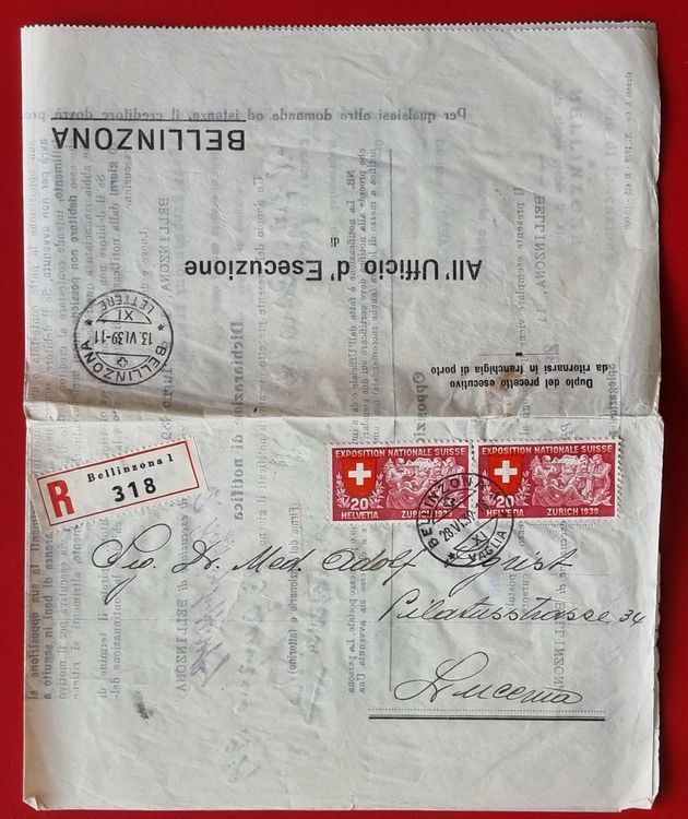 BETREIBUNG UFFI. ESECUZIONE BELLINZONA TICINO LANDI 223 1939 (Gebraucht ...