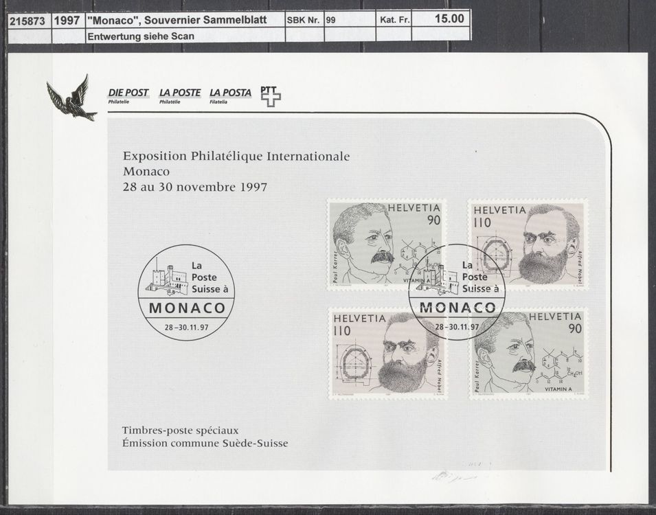 1997 Monaco - Souvernier Sammelblatt (Gebraucht) in Winterthur für CHF ...