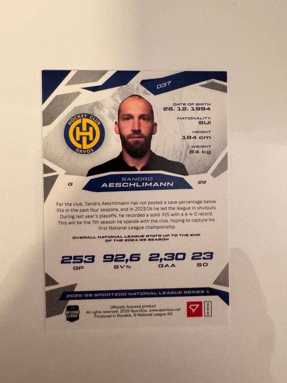 037 Sandro Aeschlimann HC Davos GREEN 14/30 SportZoo 2025/26 (Neu ...