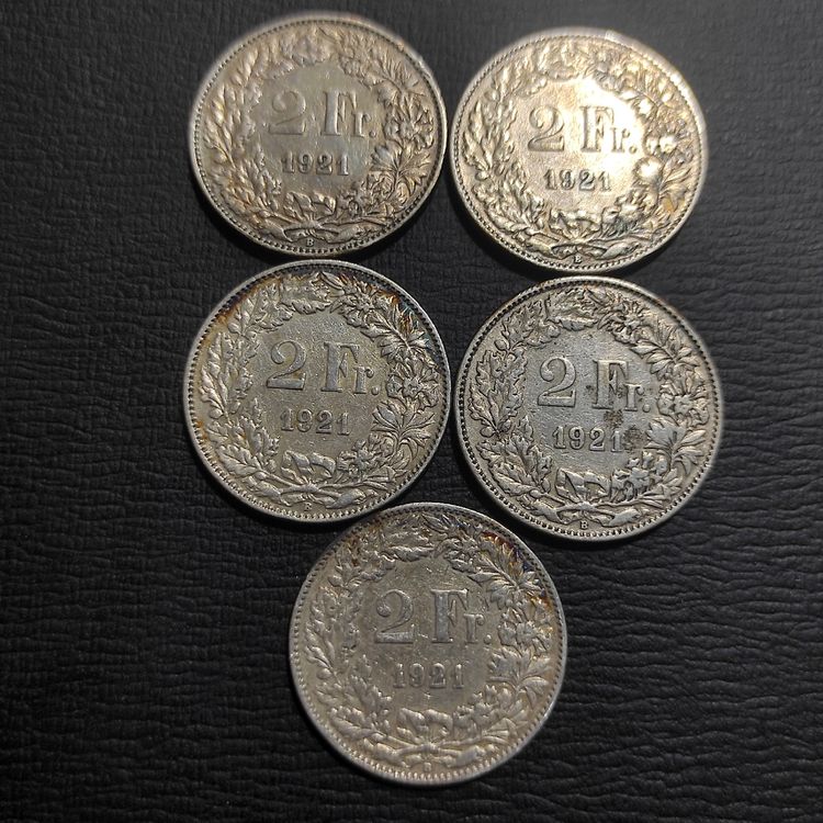 5x 2 Franken Silbermünzen 1921 Schweiz Helvetia (Gebraucht) in Buchs SG für CHF 36 – mit ...