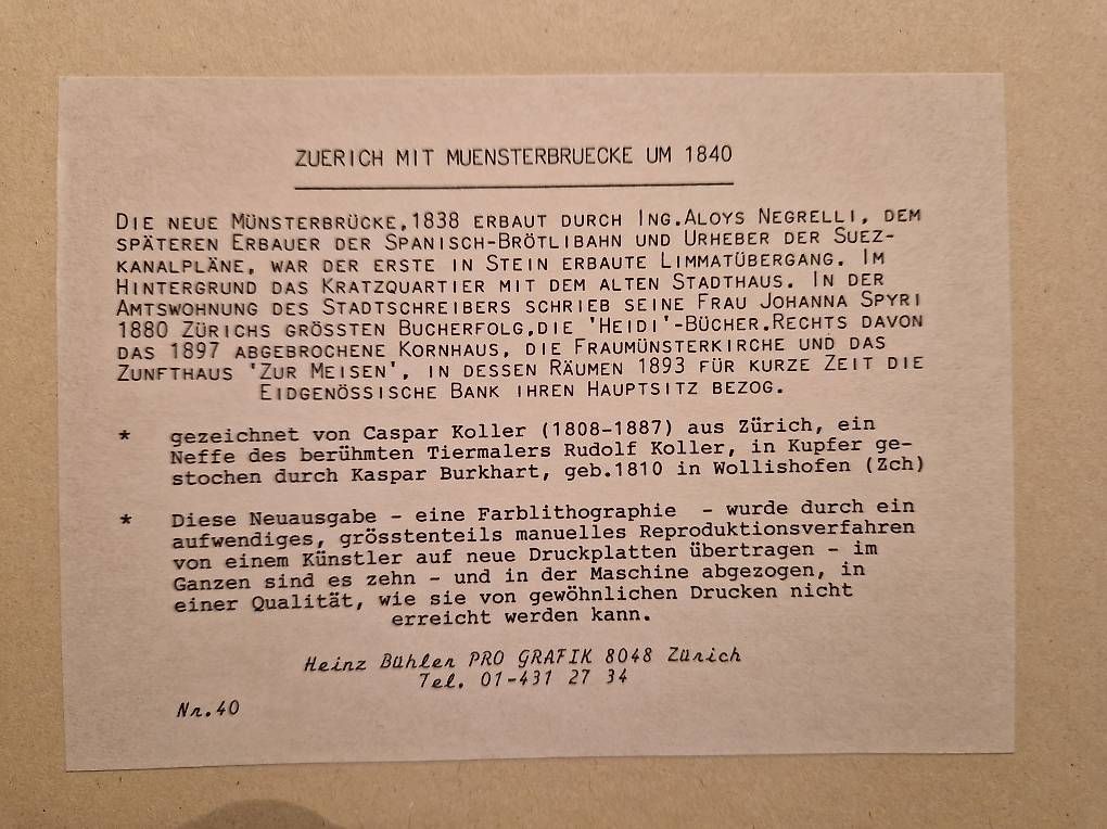 Bild Zürich mit Münsterbrücke um 1840 (Gebraucht) in Münsingen für CHF ...