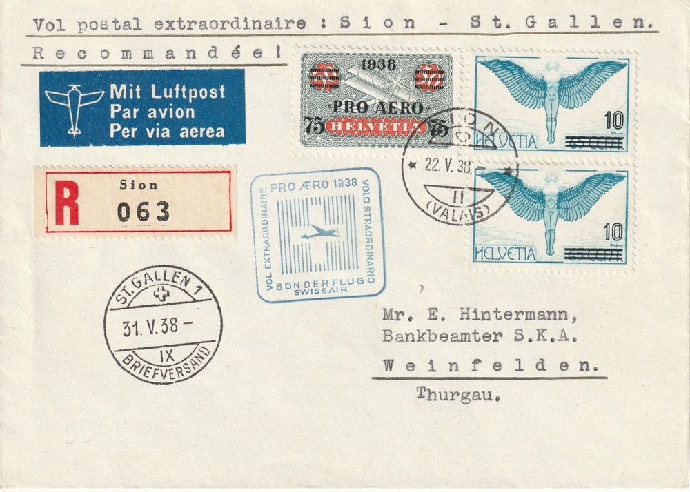 Pro Aero 1938, Etappe Sion-SG, mit Zusatzfrankatur | Kaufen auf Ricardo