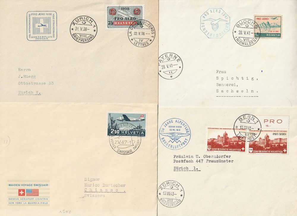 4 Pro Aero Sonderpostflugbriefe von 1938, 41, 43 u 47, ab 1. (Gebraucht ...