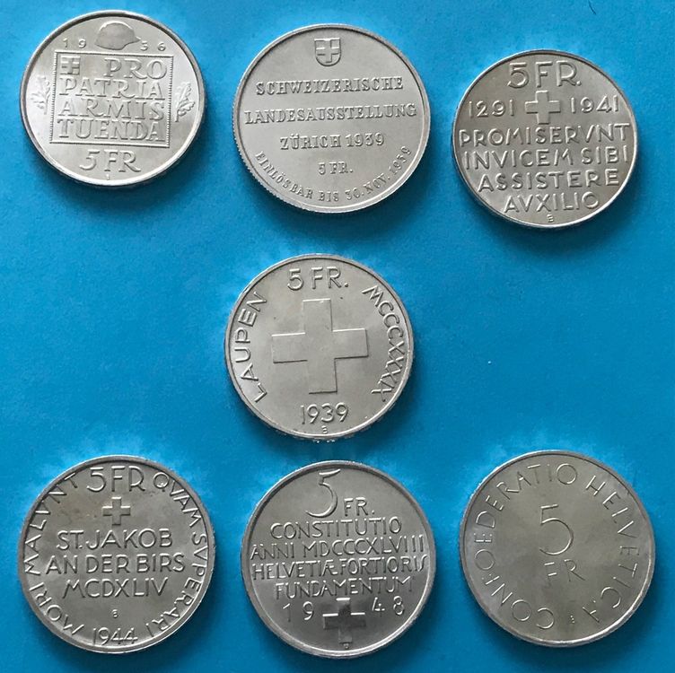 Alle 7 Schweizer Silber 5 Franken-Gedenkmünzen 1936 - 1963 | Kaufen auf Ricardo