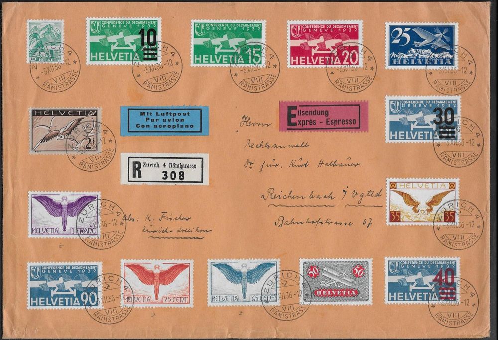 1936 R/Ex. Luftpost Zürich-Deutschland hochwertig TOP ab 1.- (Gebraucht) in Zürich für CHF 71 ...