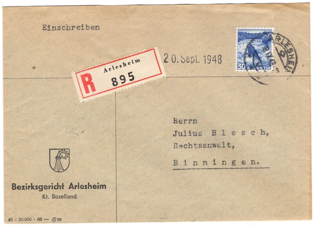 30 Rp. Rheinfall - Chargé-Beleg von ARLESHEIM nach BINNINGEN (Gebraucht ...
