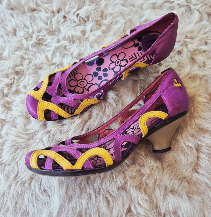 SCHUHE FLY LONDON 40 LEDER CUT OUTS PUMPS LILA GELB SANDALE (Gebraucht ...