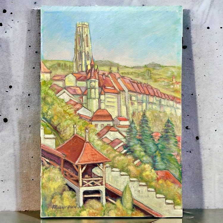 MAUROUX Peinture huile sur carton "Fribourg" paysage urbain (Gebraucht) in Morges für CHF 20 ...