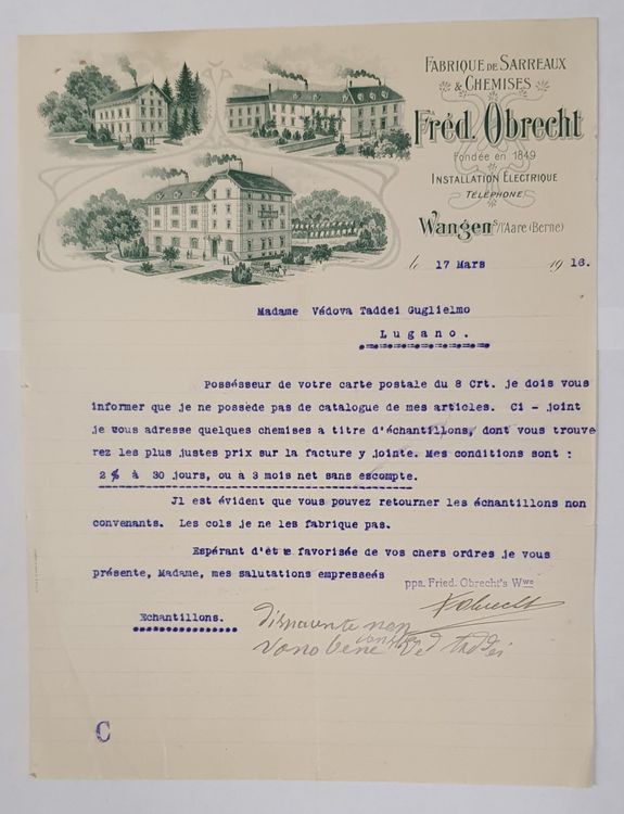 Wangen an der Aare 1918 - Litho Briefkopf Fred. Obrecht (Gebraucht) in Kreuzlingen für CHF 25 ...