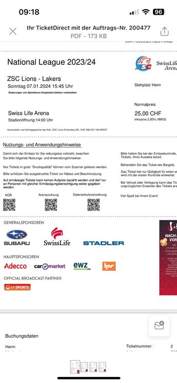 ZSC Lions /Rapperswil-Lakers Tickets (Neu und originalverpackt) in Wattwil für CHF 70 – nur ...