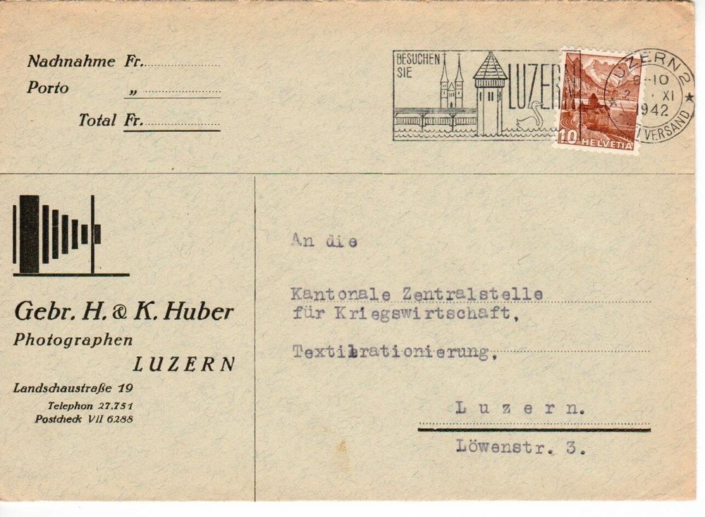 Brief, Gebr. H&K Huber Luzern - Textilrationierung 1942 (Gebraucht) in Wolhusen für CHF 8 – mit ...