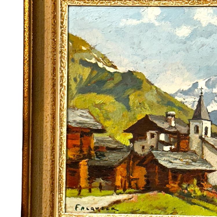 Church in the mountains oil painting on cartoon by Falquier | Kaufen auf Ricardo