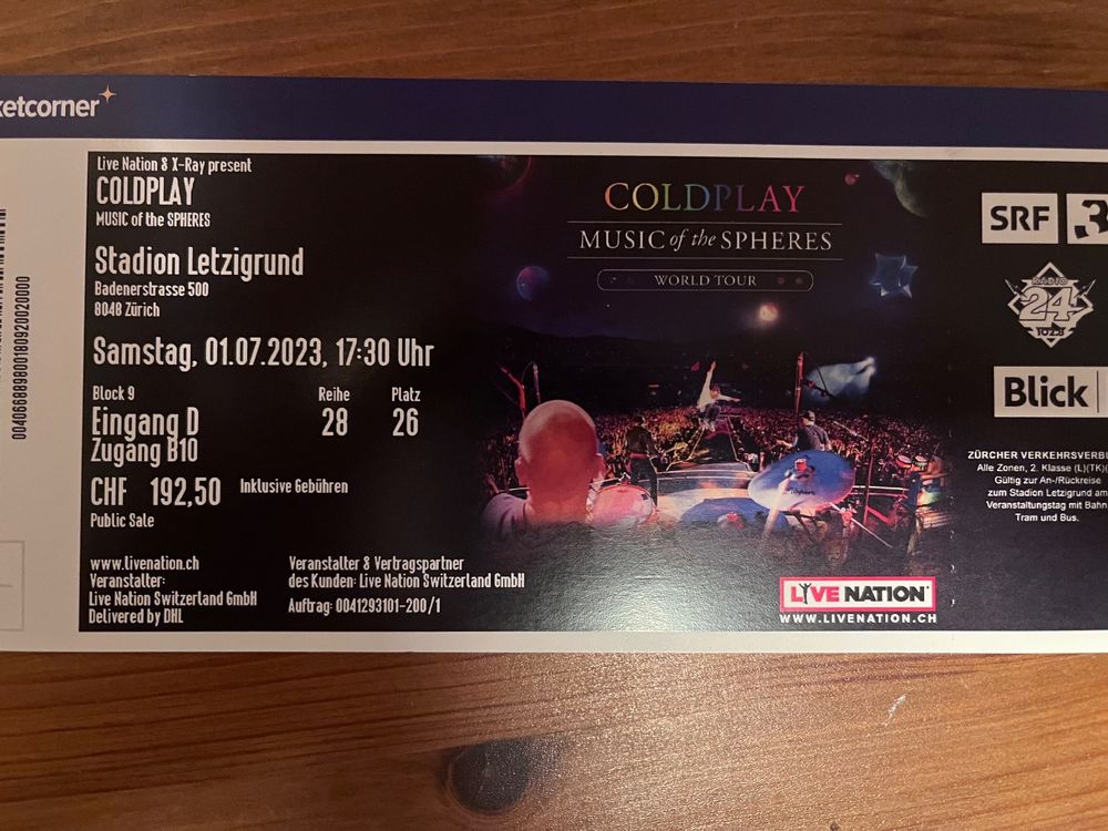 Coldplay Sitzplatz Ticket (Gebraucht) in Wikon für CHF 250 – mit ...