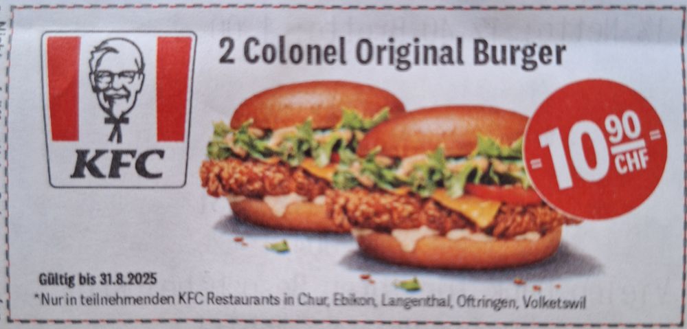 KFC Rabattbon 2 Colonel Original Burger für nur 10.90 CHF (Neu und ...
