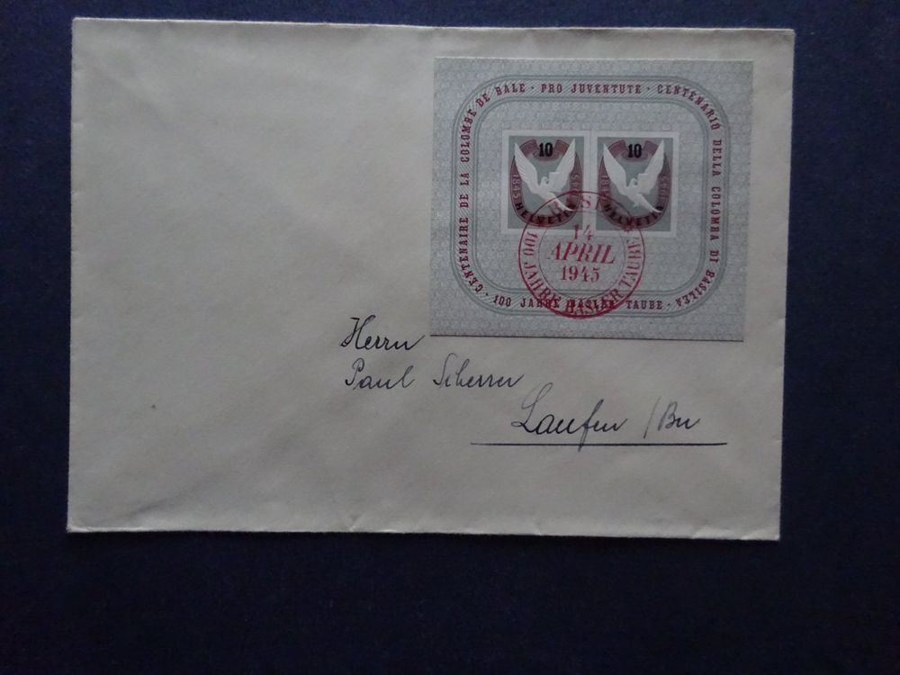 1945 W23 Basler-Tauben Block FDC (Gebraucht) in Appenzell-Steinegg für CHF 10 – mit Lieferung ...