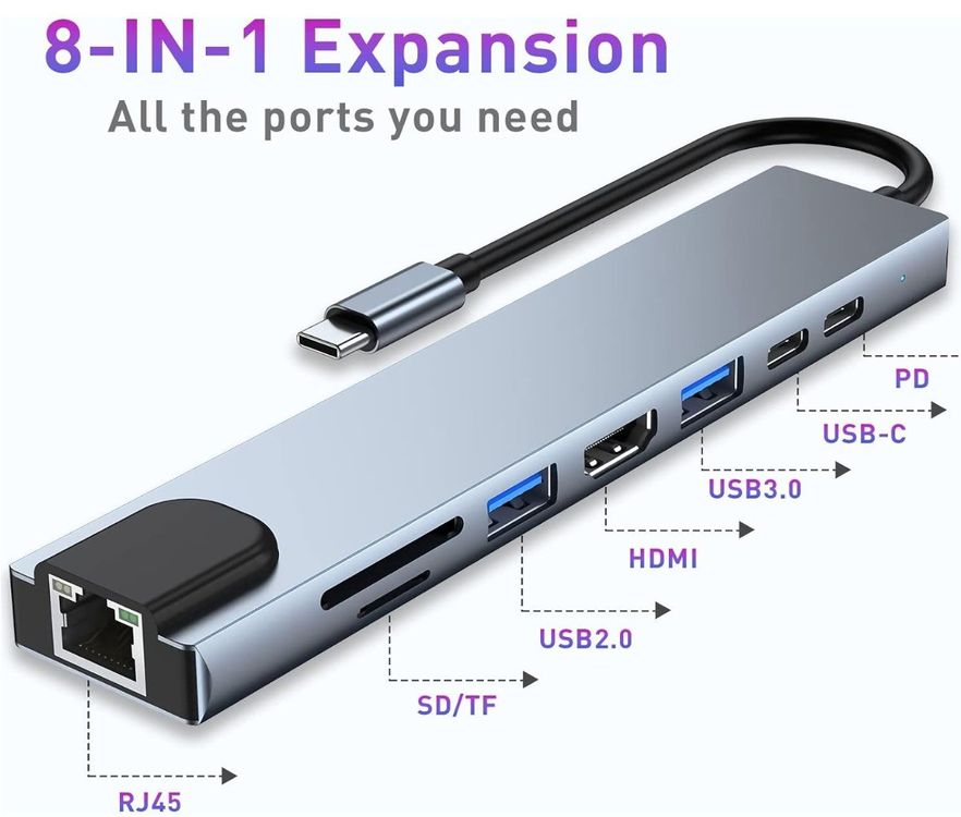 8in1 USB-C Hub mini Dock Type-C HDMI LAN RJ45 4K SD TF USB (Neuf avec ...