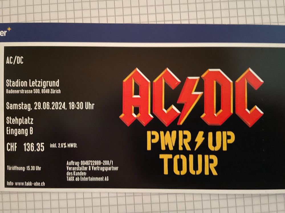 1 AC/DC Stehplatz-Ticket Zürich 29.06.2024 | Kaufen auf Ricardo
