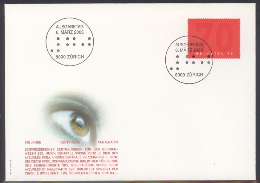2003, FDC, 100 Jahre Schweiz. Division für das Blindenwesen (Gebraucht) in Willisau für CHF 0.9 ...