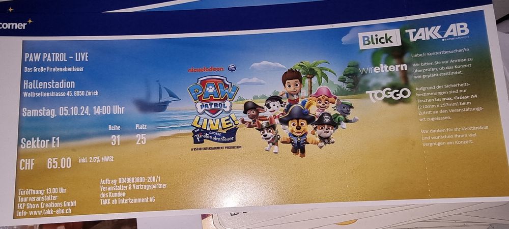 Paw Patrol Musical Ticket (Neu (gemäss Beschreibung)) in Rupperswil für ...